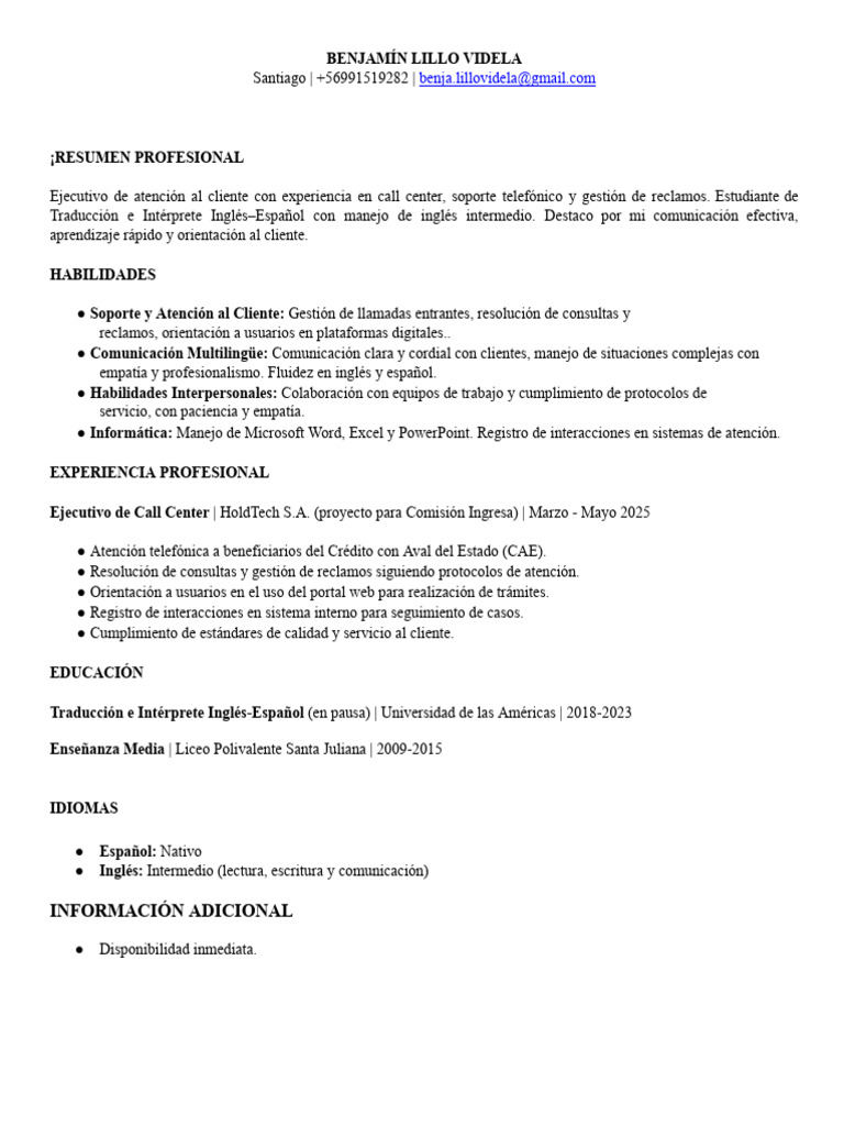 CV Benjamín Lillo Videla | PDF