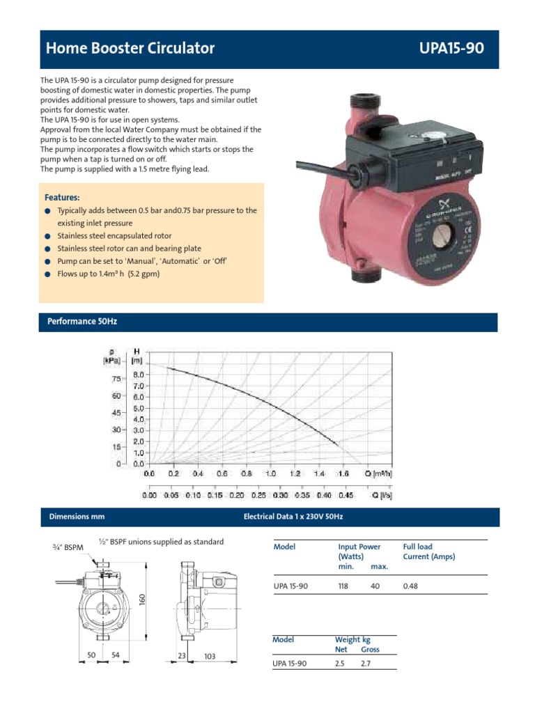 Grundfos Upa 15_90 Home Booster Technical Information | Pump | Switch