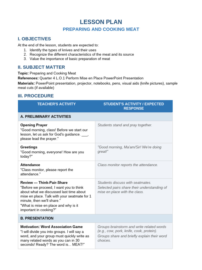 Lesson Plan Preparing and Cooking Meat Revised | PDF | Beef | Steak