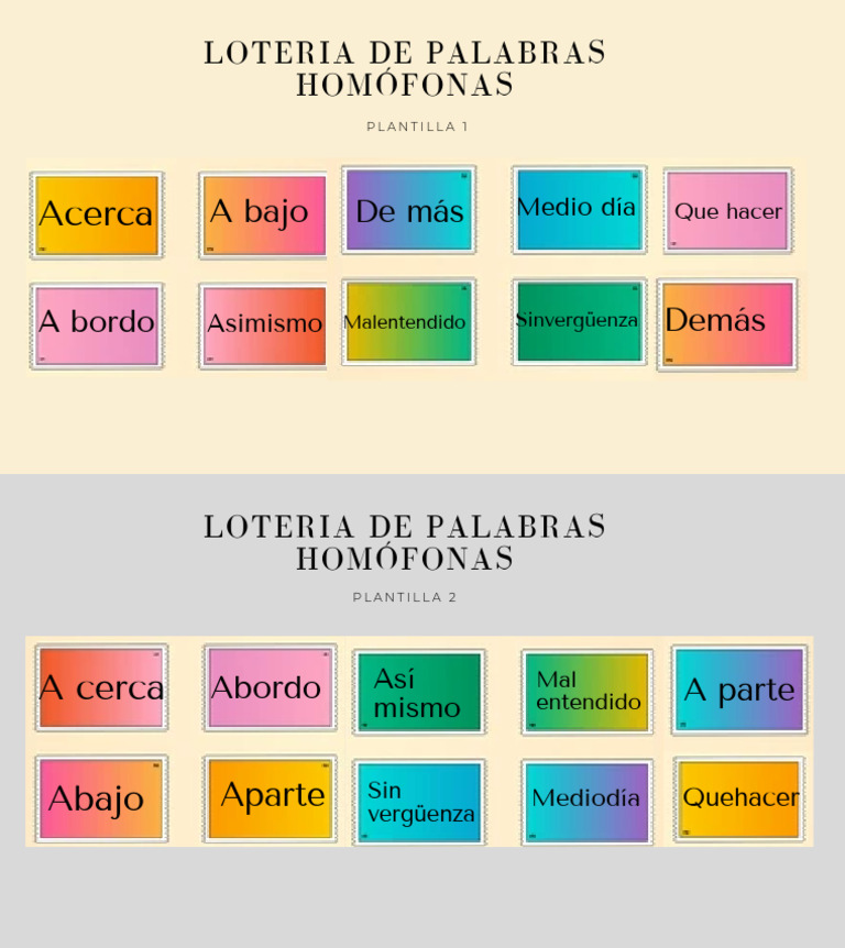 Loteria de Palabras Homofonas | PDF