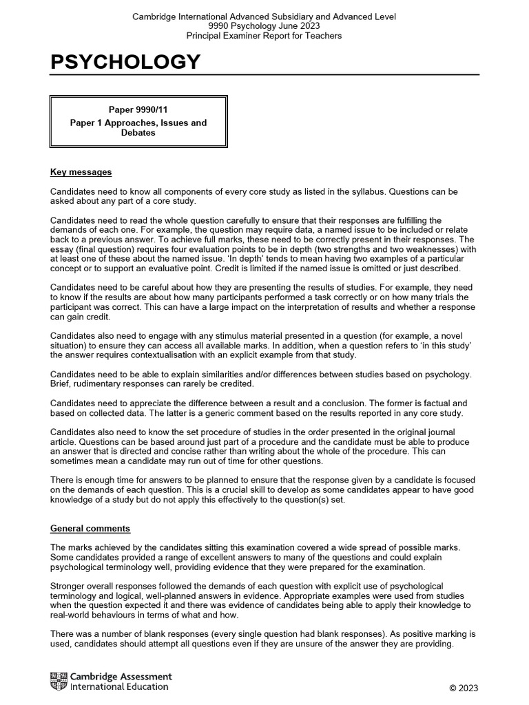 Psychology: Paper 9990/11 Paper 1 Approaches, Issues and Debates | PDF ...
