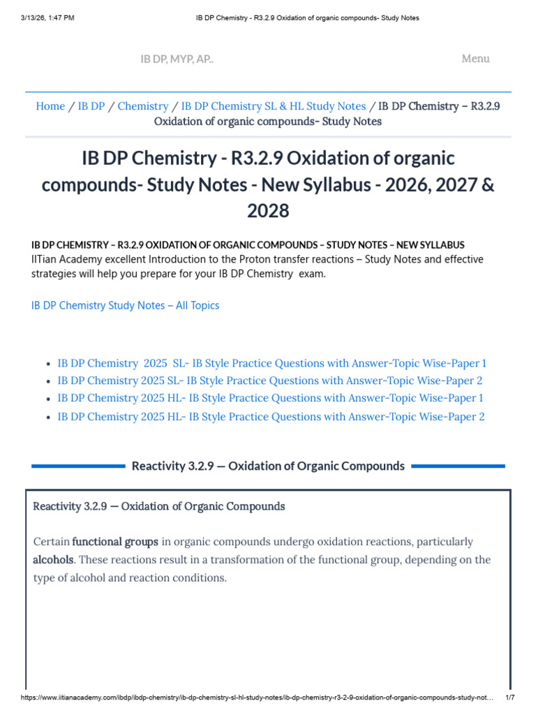 IB DP Chemistry - R3.2.9 Oxidation of Organic Compounds - Study Notes ...