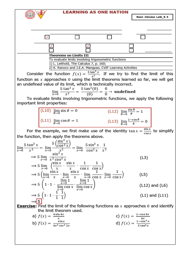 Basic Calculus LAS 5.4 Theorems On Limits III | PDF | Calculus ...