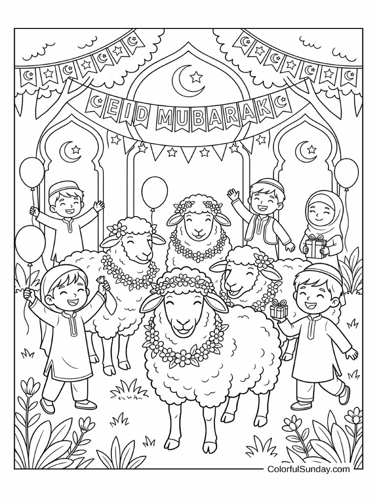 Cute Eid Sheep and Children Coloring Page | PDF