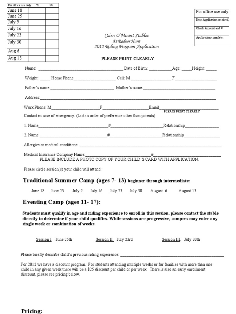 2012 Cairn O'Mount Riding Camp Application | PDF