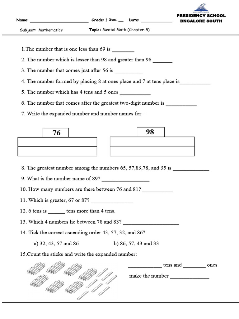 Chapter 5 Numbers Up To 100 Mental Math Worksheet 1 | PDF