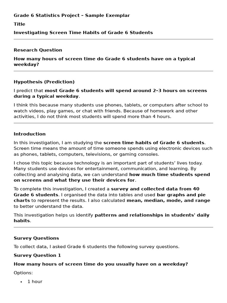 Grade 6 Statistics Project Exemplar | PDF | Chart | Median