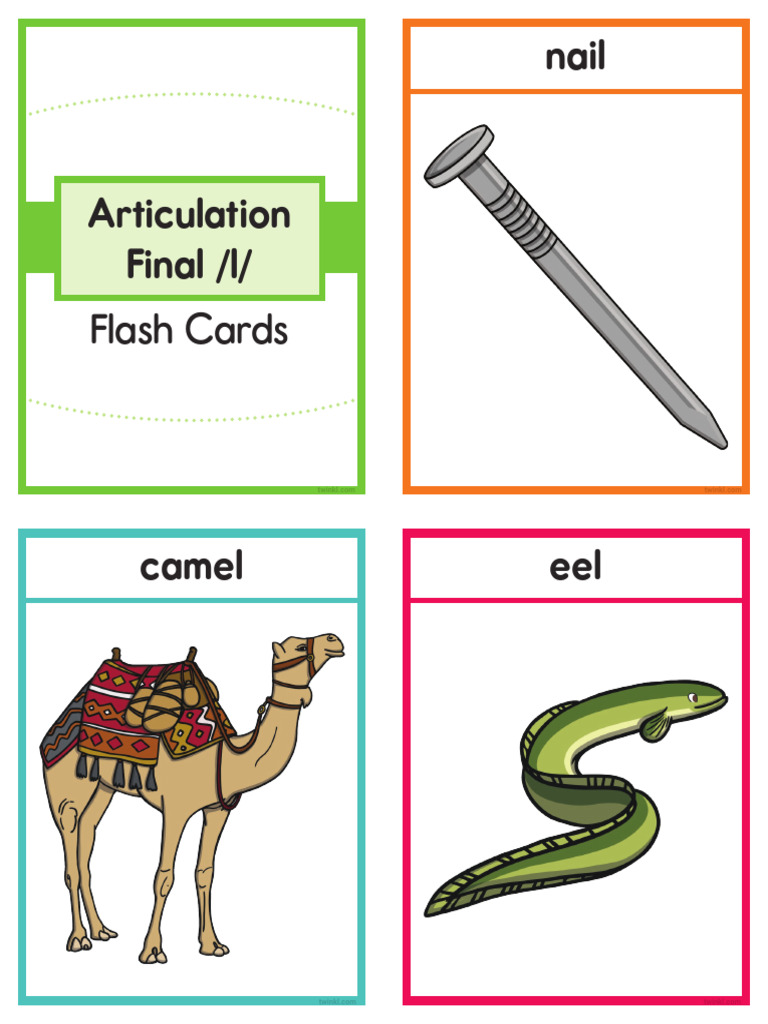 Color Articulation Final l Words Flash Cards for SLP | PDF