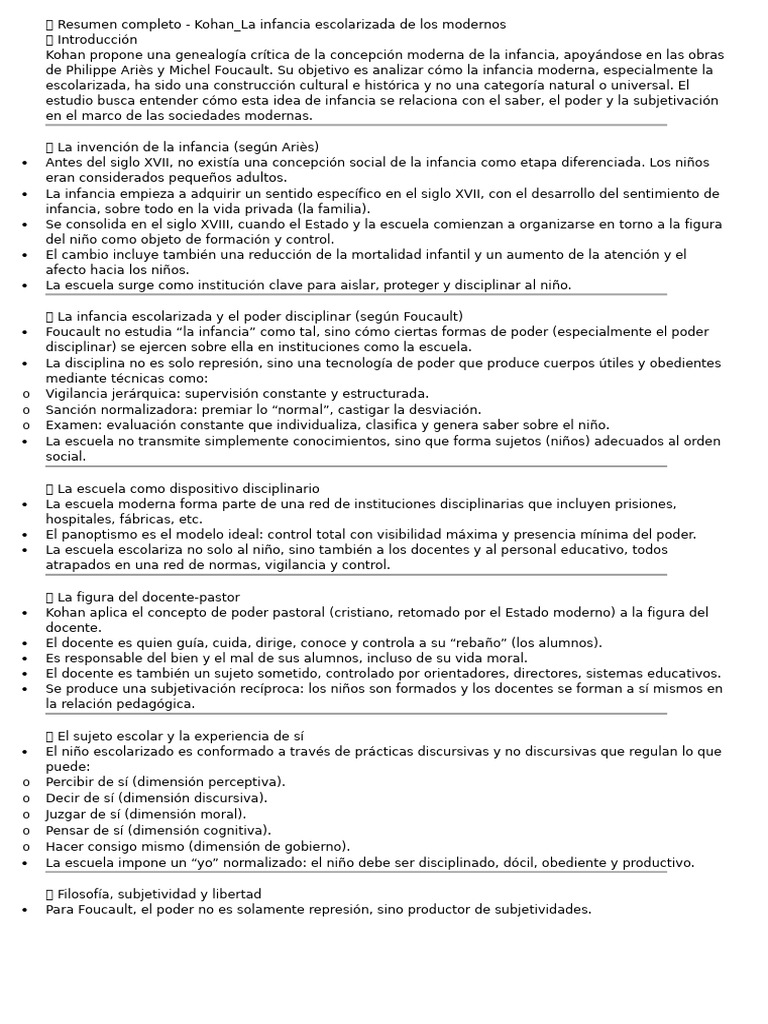 Resumen Completo Kohan La Infancia Escolarizada de Los Modernos | PDF ...