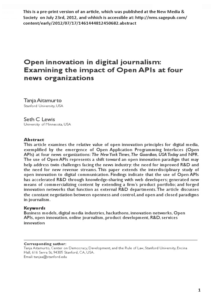 Open Innovation and Open APIs in Digital Journalism | PDF | News ...