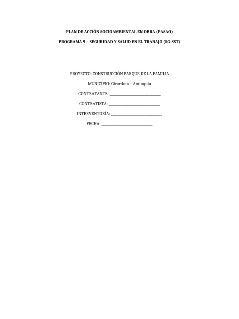 PASAO Programa 9 SG-SST Parque de La Familia Version Institucional | PDF