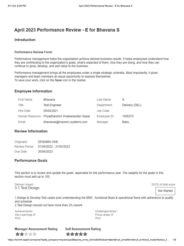 SuccessFactors - April 2023 Performance Review - E For Bhavana S | PDF