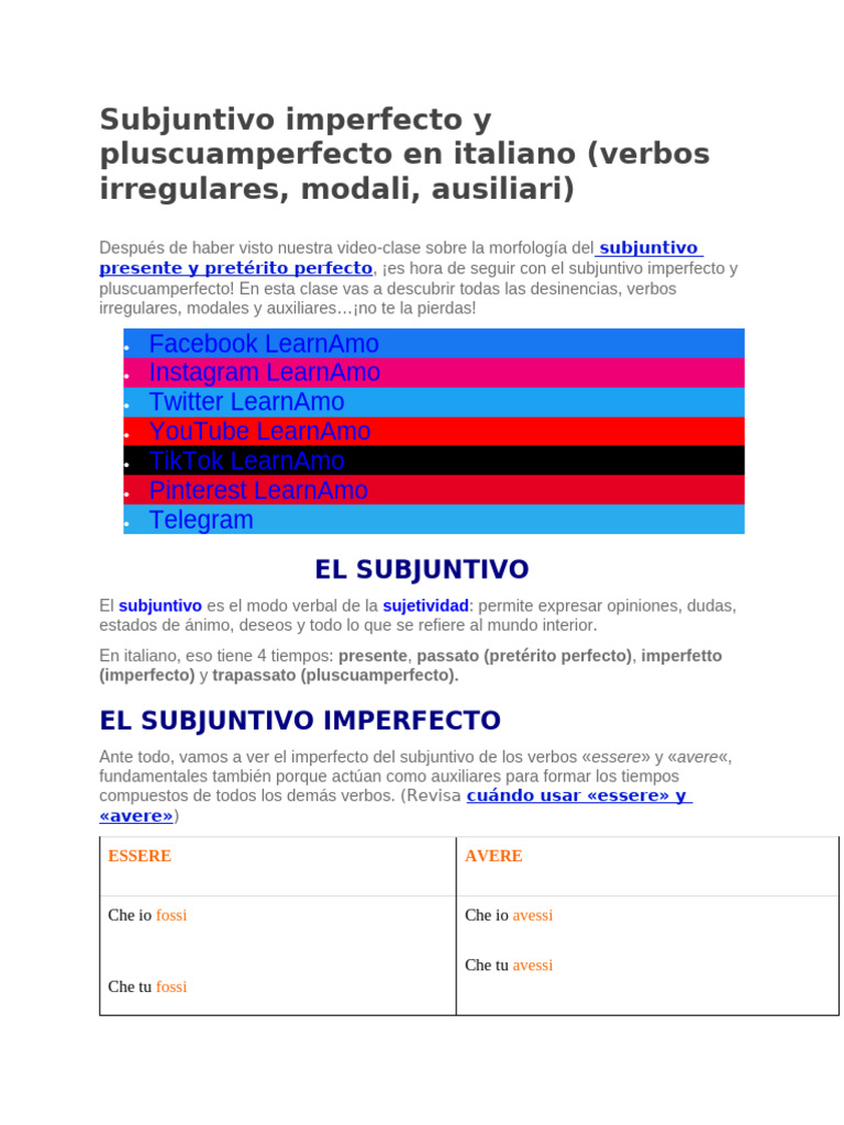 Subjuntivo Imperfecto y Pluscuamperfecto en Italiano | PDF