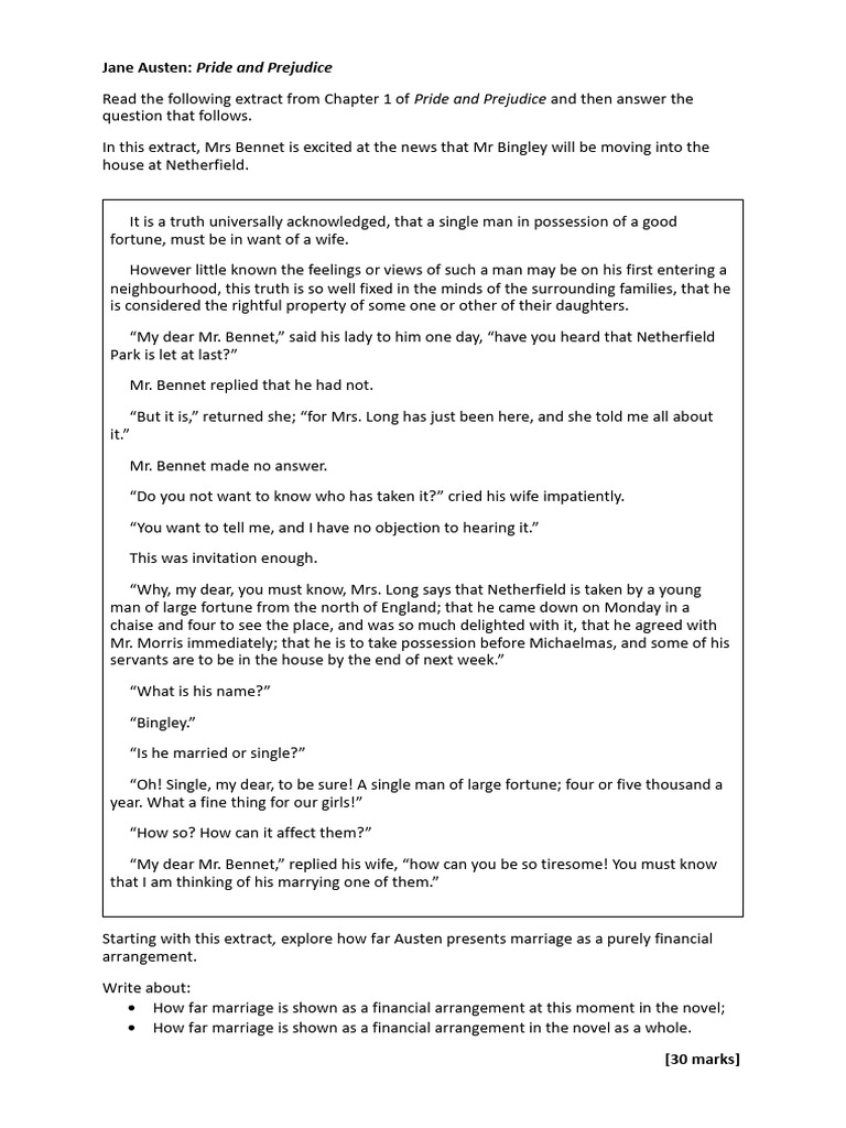 Pride and Prejudice Example Questions | PDF