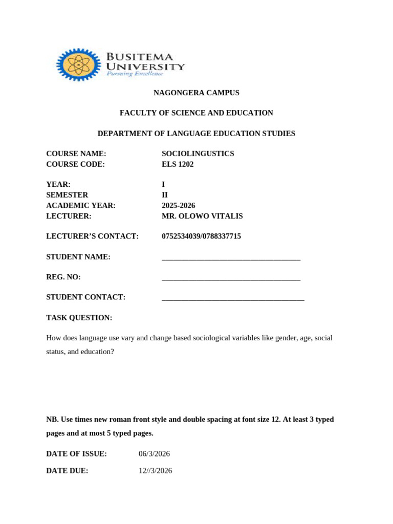ELS 1202 - NAGONGERA CAMPUS - Cover Page For Course Work (Sample) 2026 ...