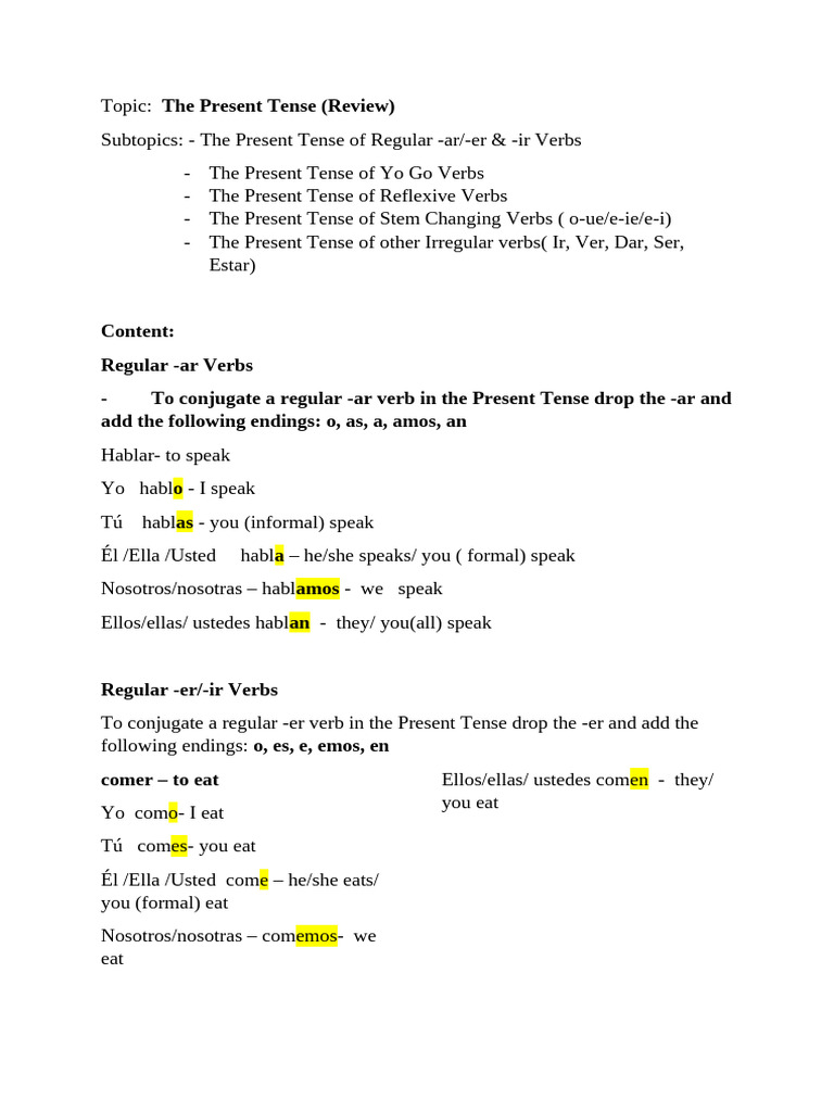 Present Tense (Review All Verbs) | PDF | Linguistic Typology ...