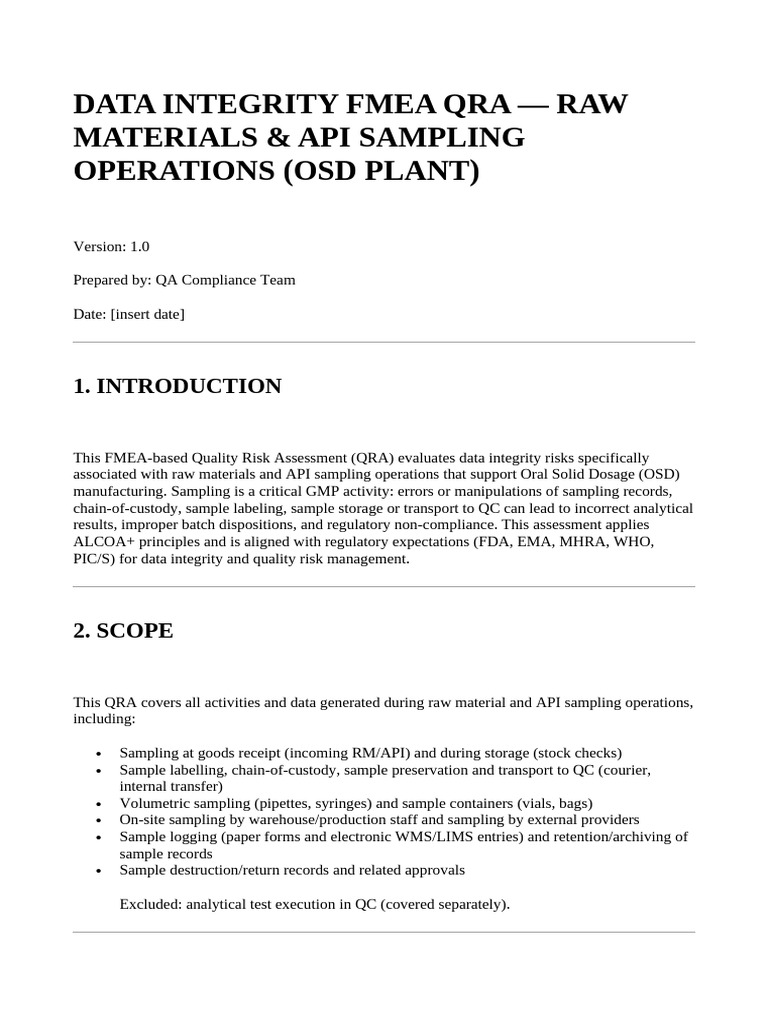 Data Integrity Fmea Qra - Raw Materials & API Sampling Operations (Osd ...