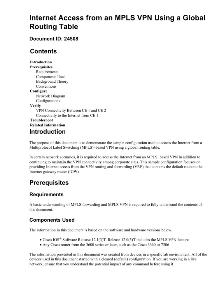 Cisco - Internet Access From An MPLS VPN Using A Global.2005 | PDF | Internet Protocols | Routing
