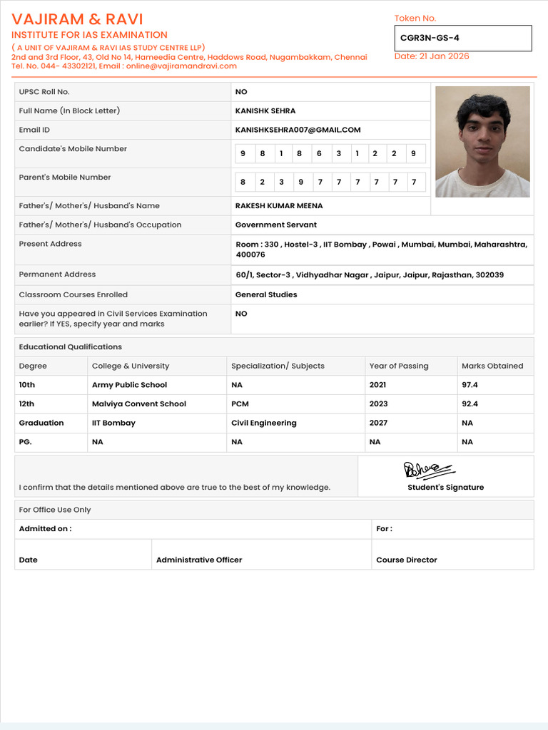 Chennai Vajiram & Ravi Admissions | PDF