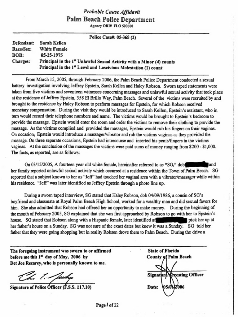 Sarah Kellen Redacted Probable Cause Affadavit - Text | PDF