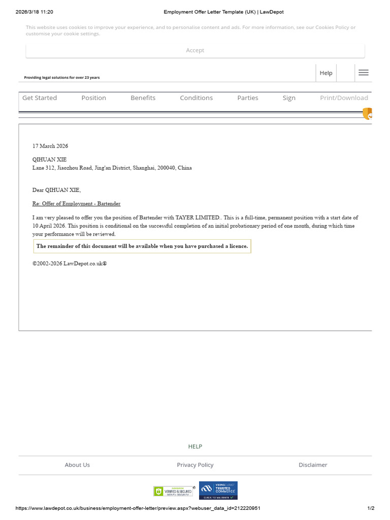Employment Offer Letter Template (UK) - LawDepot | PDF