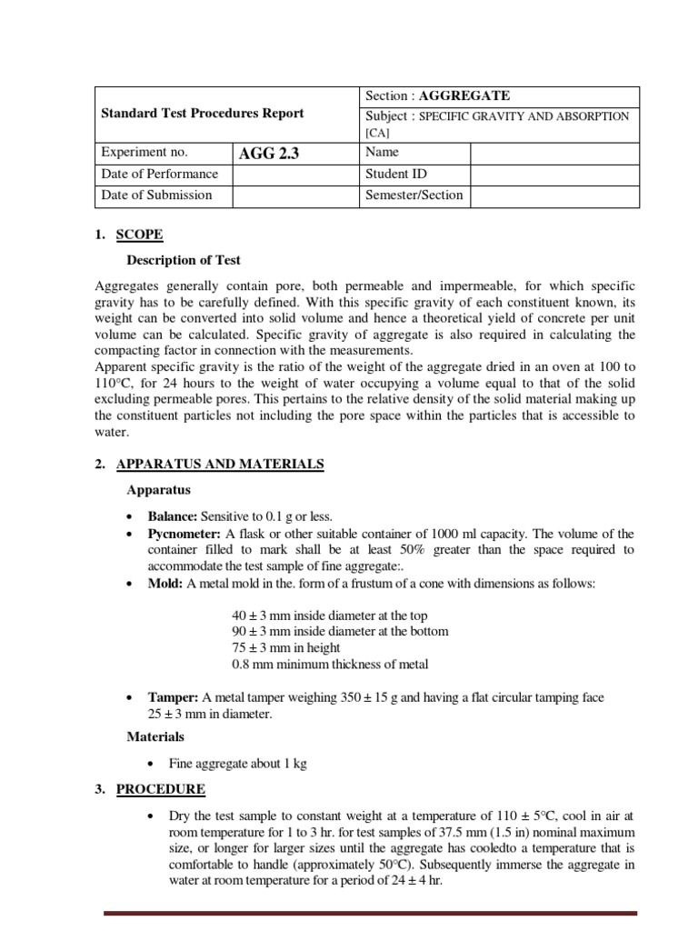 Standard Test Procedures Report: Specific Gravity and Absorption (CA) | PDF