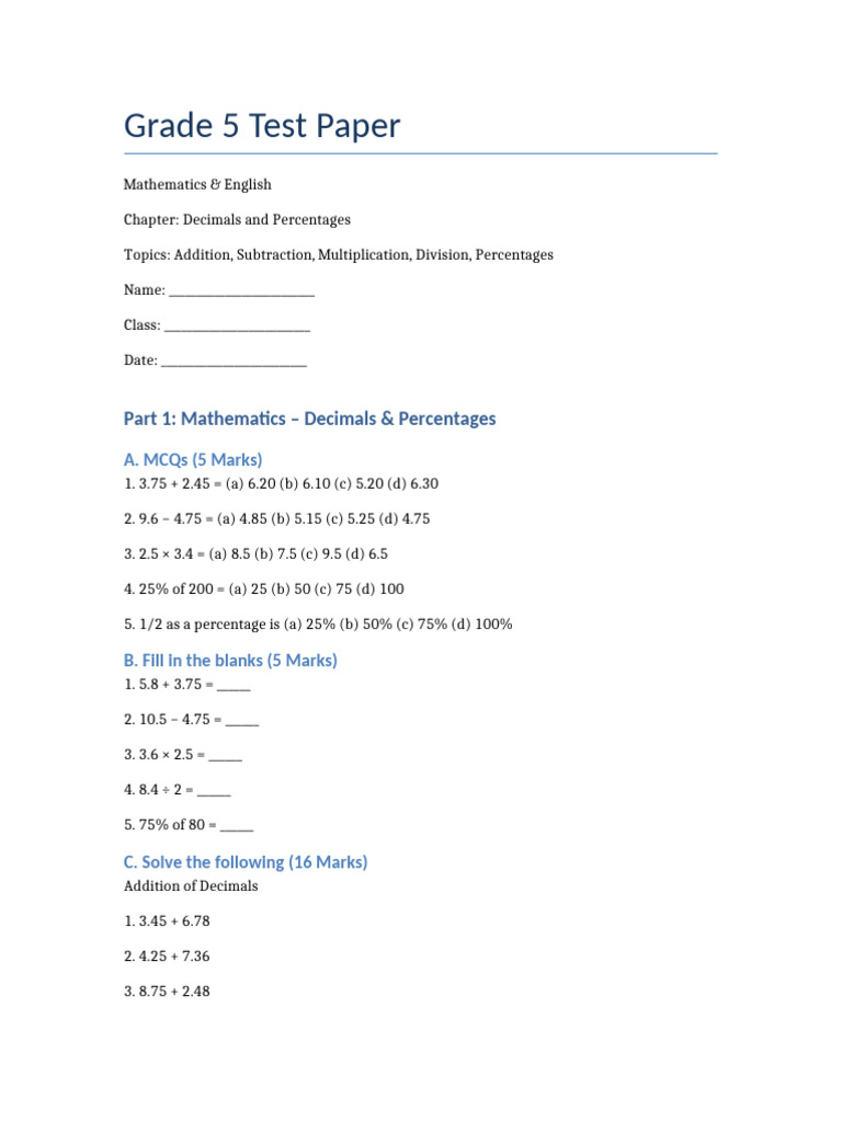 Grade5 Decimals Percentages Test | PDF