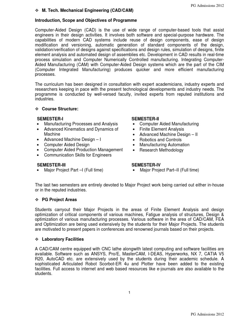 Mechanical Engineering Department MTech CADCAM ThermalDesignCIM | PDF ...