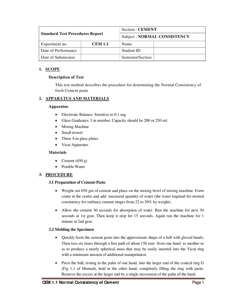 Standard Test Procedures Report CEM 1.1 | PDF | Cement | Mass