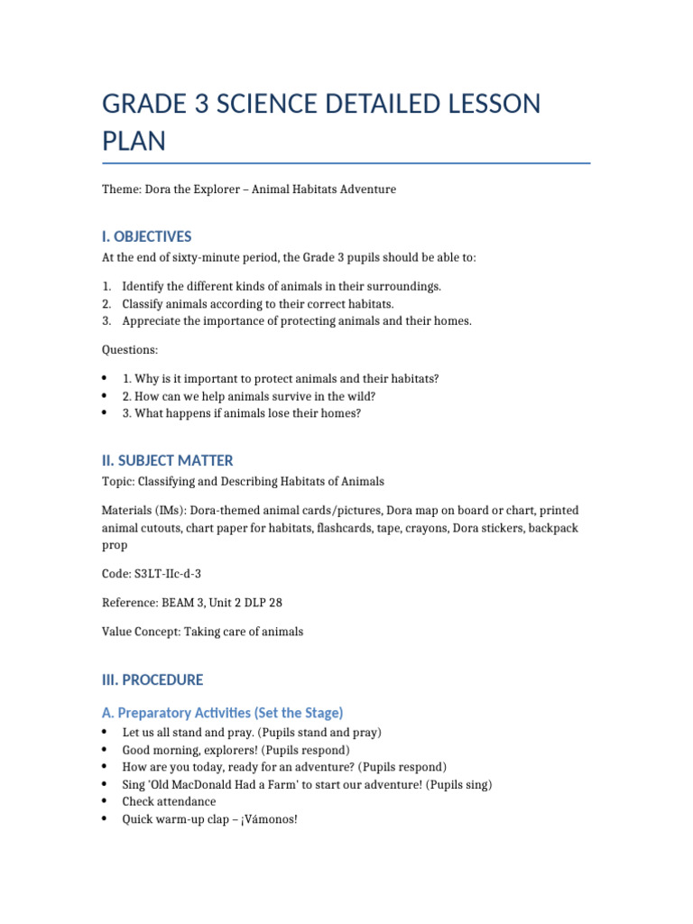 Grade3 Dora Animal Habitats Lessonplan | PDF