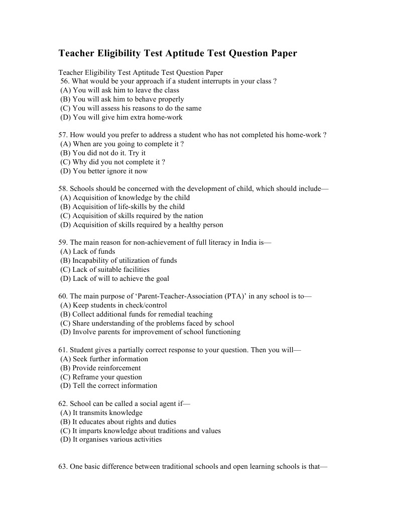 Tet Aptitude Test Question Paper | PDF | Socialization | Teachers
