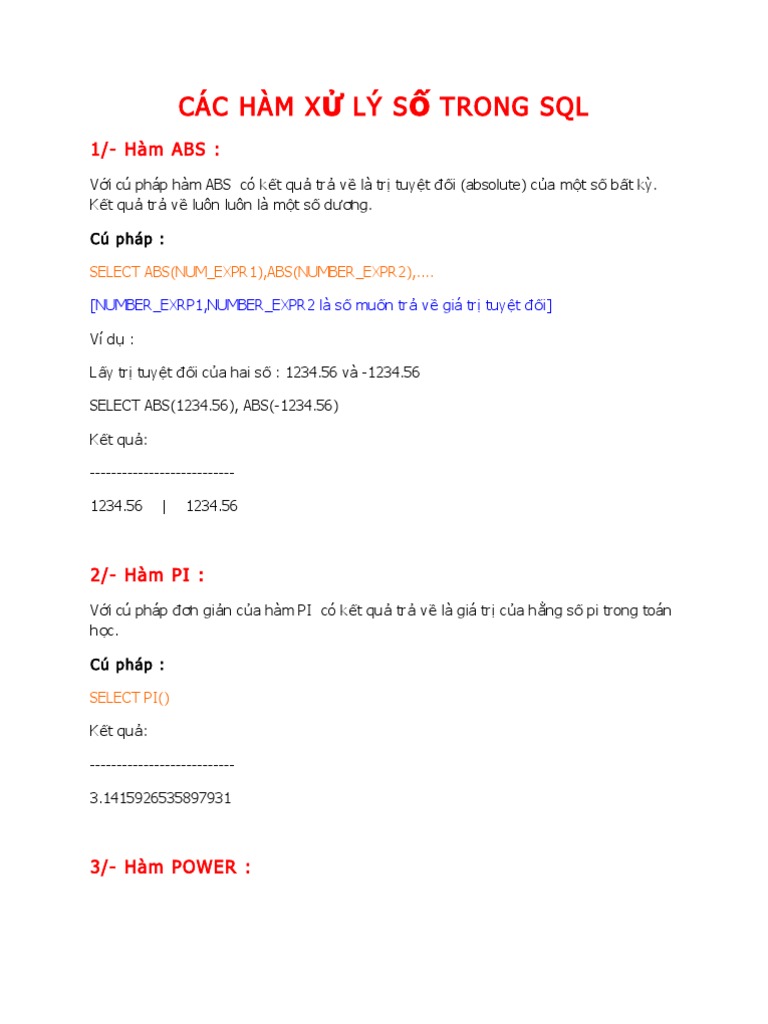 CÁC HÀM XỬ LÝ SỐ TRONG SQL | PDF