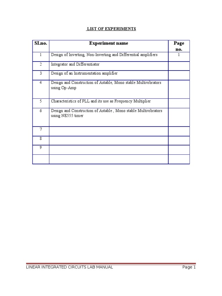 List of Experiments for Linear Integrated Circuits Lab Manual | PDF ...