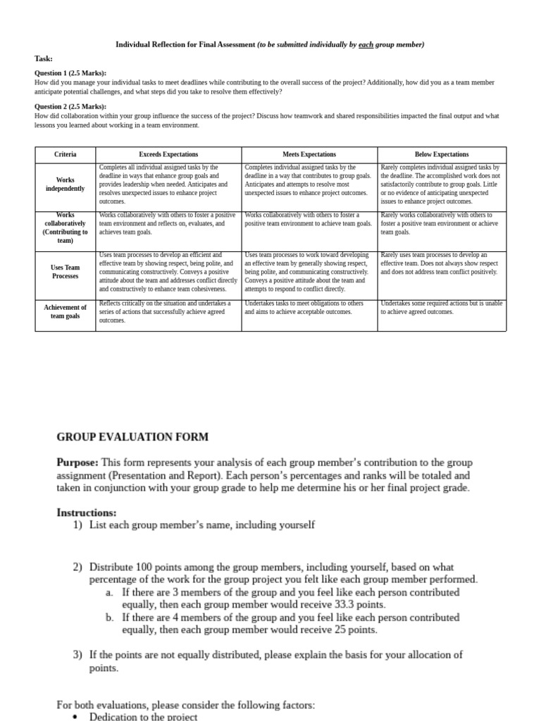 Questions and Marking Rubric For Individual Reflection | PDF