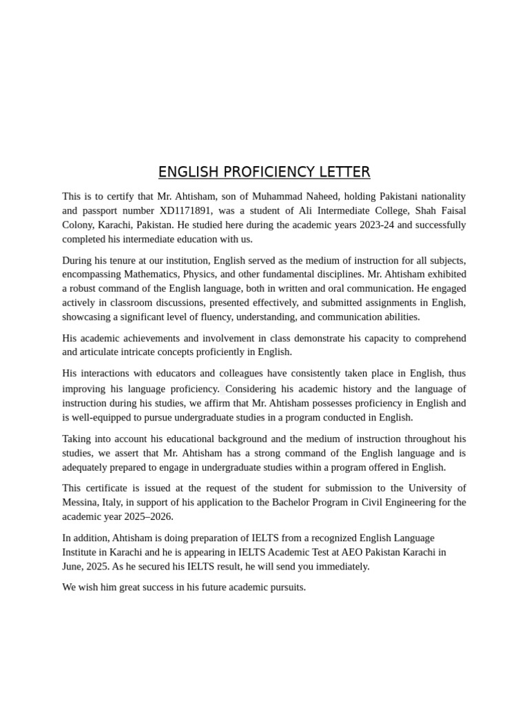 English Proficiency Letter | PDF