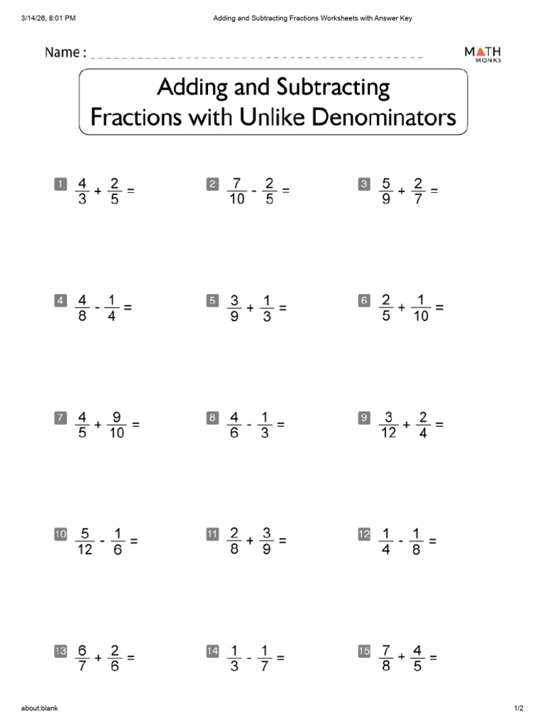 Adding and Subtracting Fractions Worksheets With Answer Key | PDF