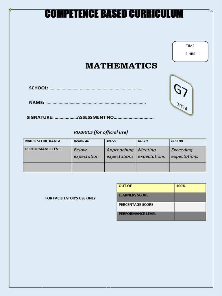 2141 Grade 7 Mathematics End of Term 1 Exam 2024 Answers PDF Format | PDF