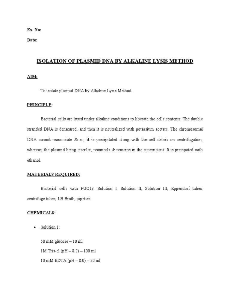 Isolation of Plasmid Dna by Alkaline Lysis Method: Ex. No: Date | Download Free PDF | Agarose ...