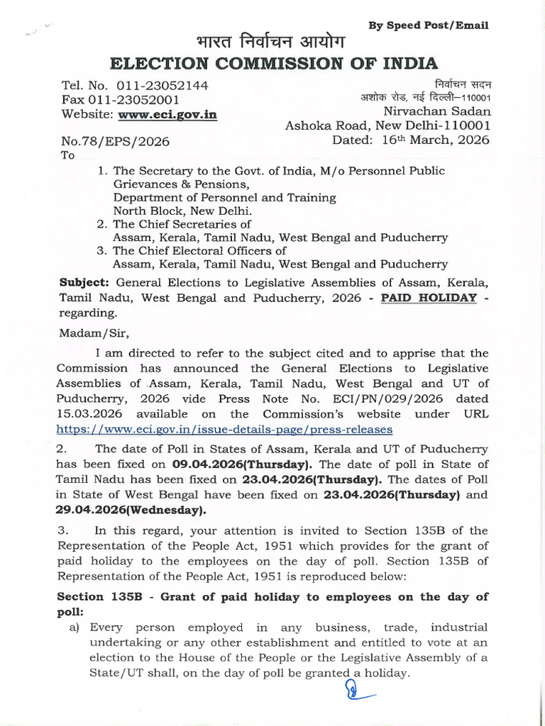 Paid HoliDay 5 States General Elections 2026 | PDF