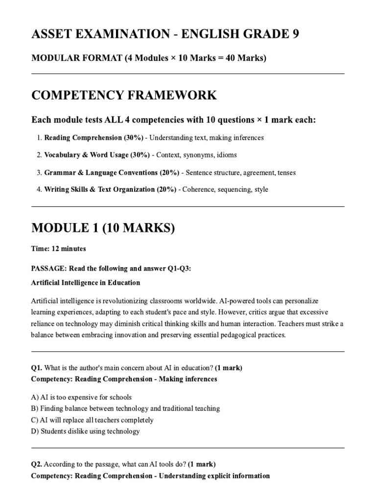 4 MODULES-ASSET English Grade 9 - Question Paper & Answer Key | PDF