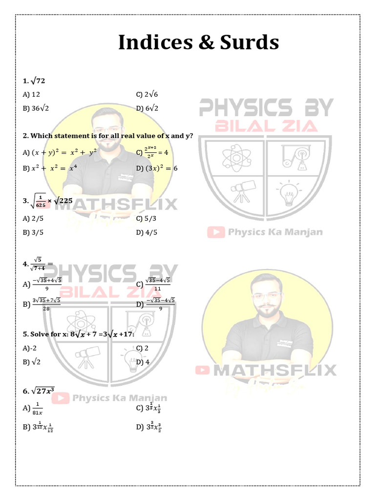 Practice Sheet 01 Indices Surds | PDF