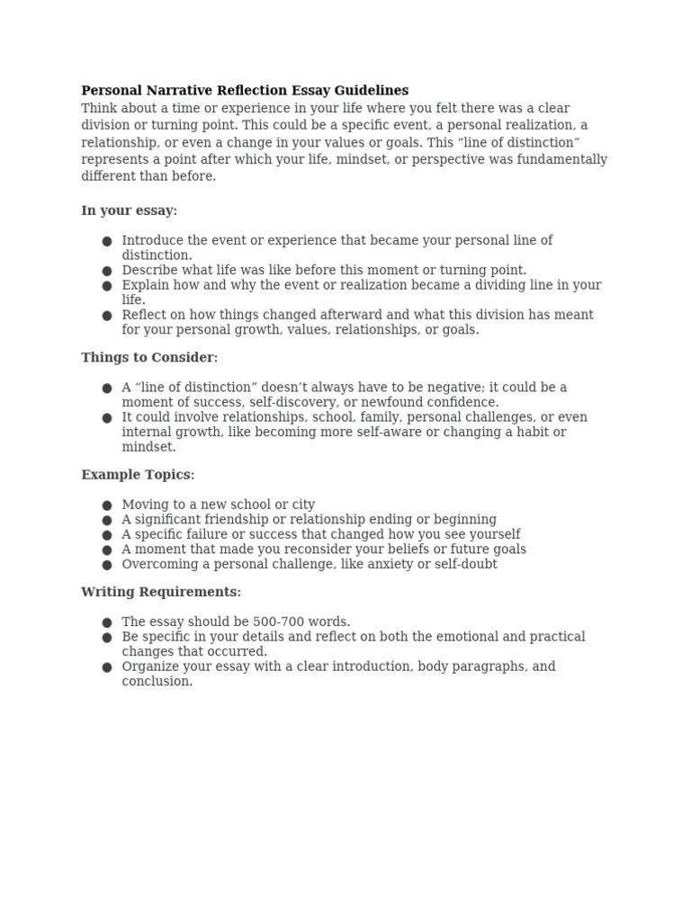 Personal Narrative Reflection Essay Guidelines - Handout | PDF