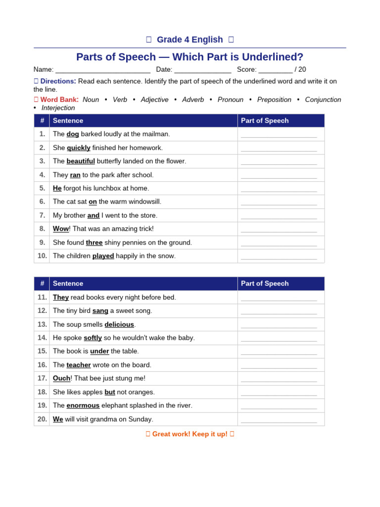 Grade4 Parts of Speech Worksheet | PDF