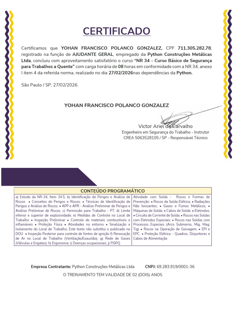 Certificado: Yohan Francisco Polanco Gonzalez 711.305.282.78 | PDF