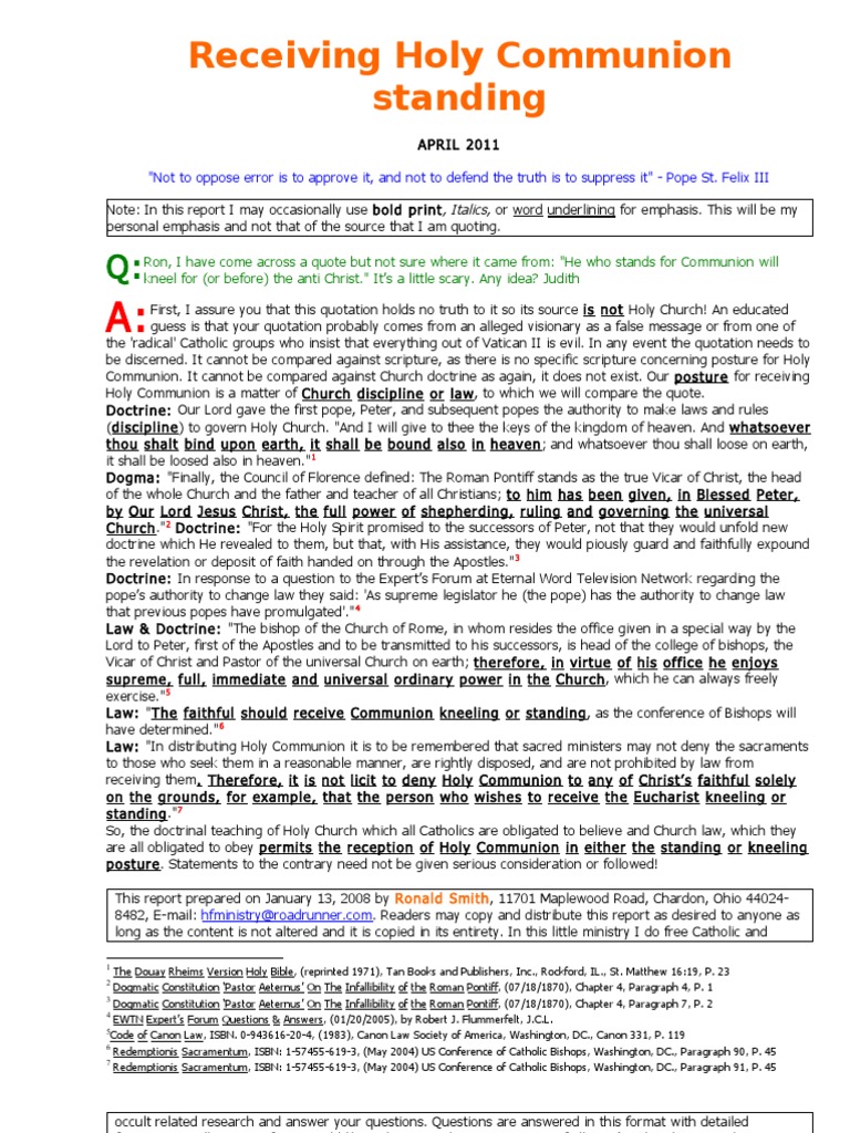 Standing or Kneeling To Receive Holy Communion | PDF | Eucharist | Mass (Liturgy)