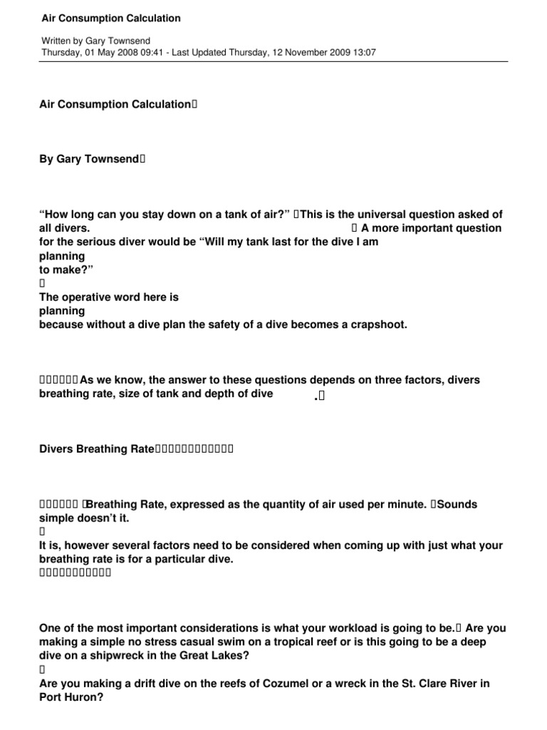 Air Consumption Calculation | PDF | Scuba Diving | Pressure