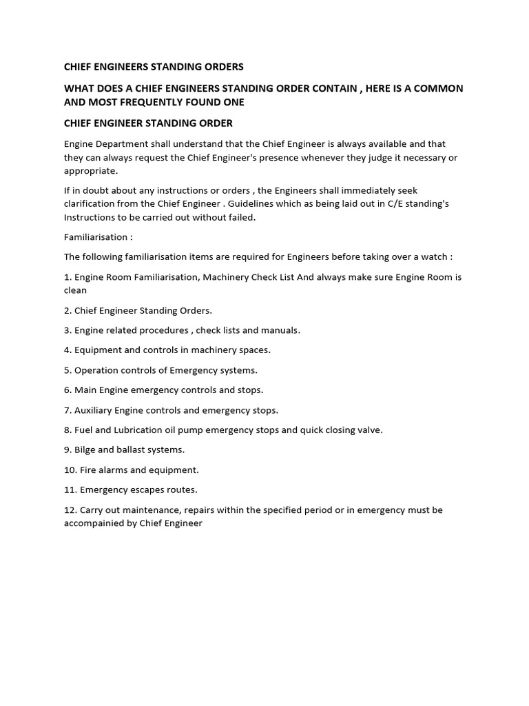 Chief Engineers Standing Orders | PDF