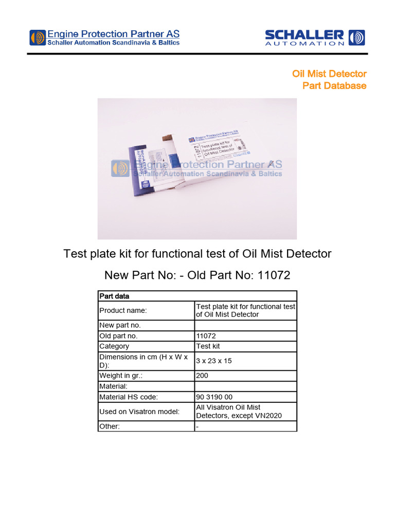 Test Plate Kit For Functional Test of Oil Mist Detector | PDF