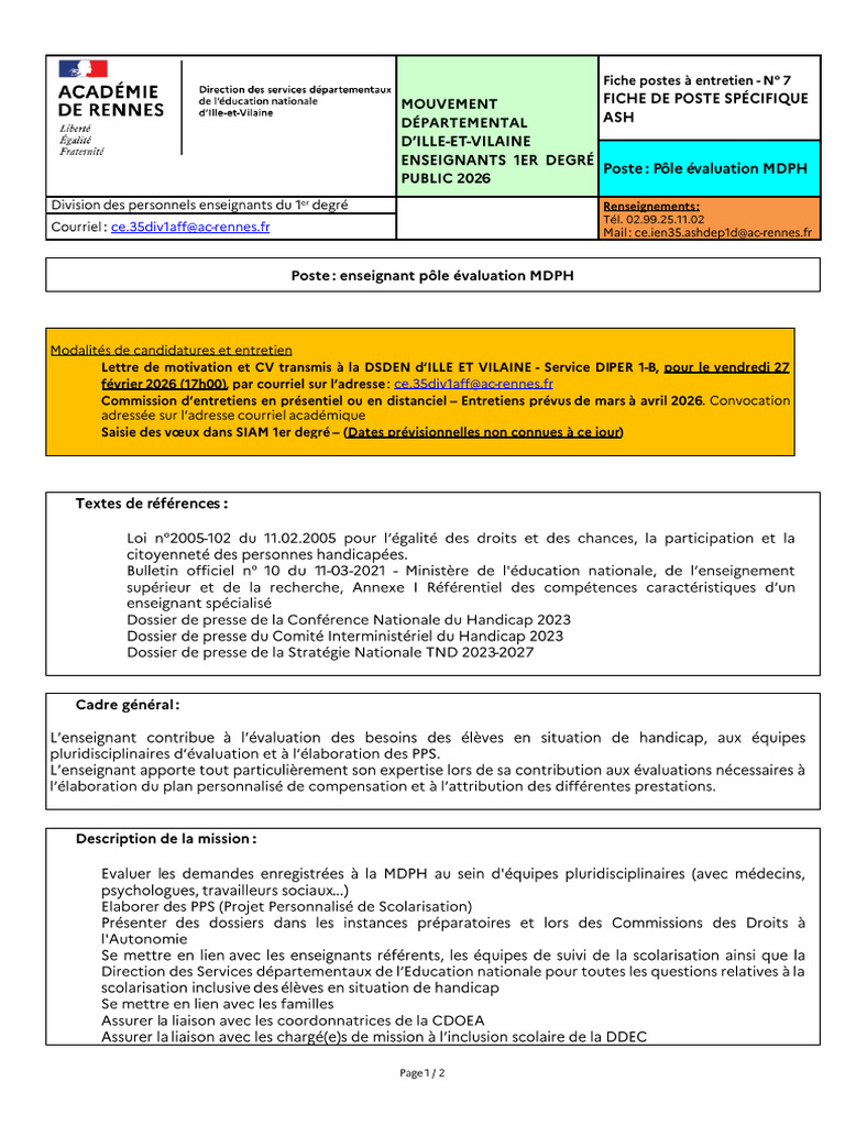 Fiche Profil de Postes - 7 - Ash - Pôle Évaluation MDPH - 2026 | PDF
