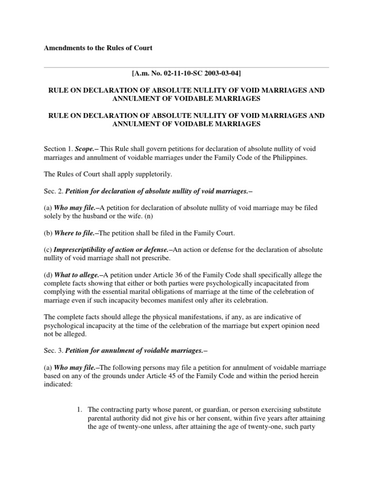 Amendments To The Rules of Court On Declaration of Absolute Nullity of Marriage Etc... | PDF ...